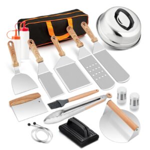 griddle accessories kit of 18, hasteel stainless steel teppanyaki tools for flat top outdoor picnic grilling camping cooking, melting dome, metal spatula, burger press, easy to clean & screwdriver