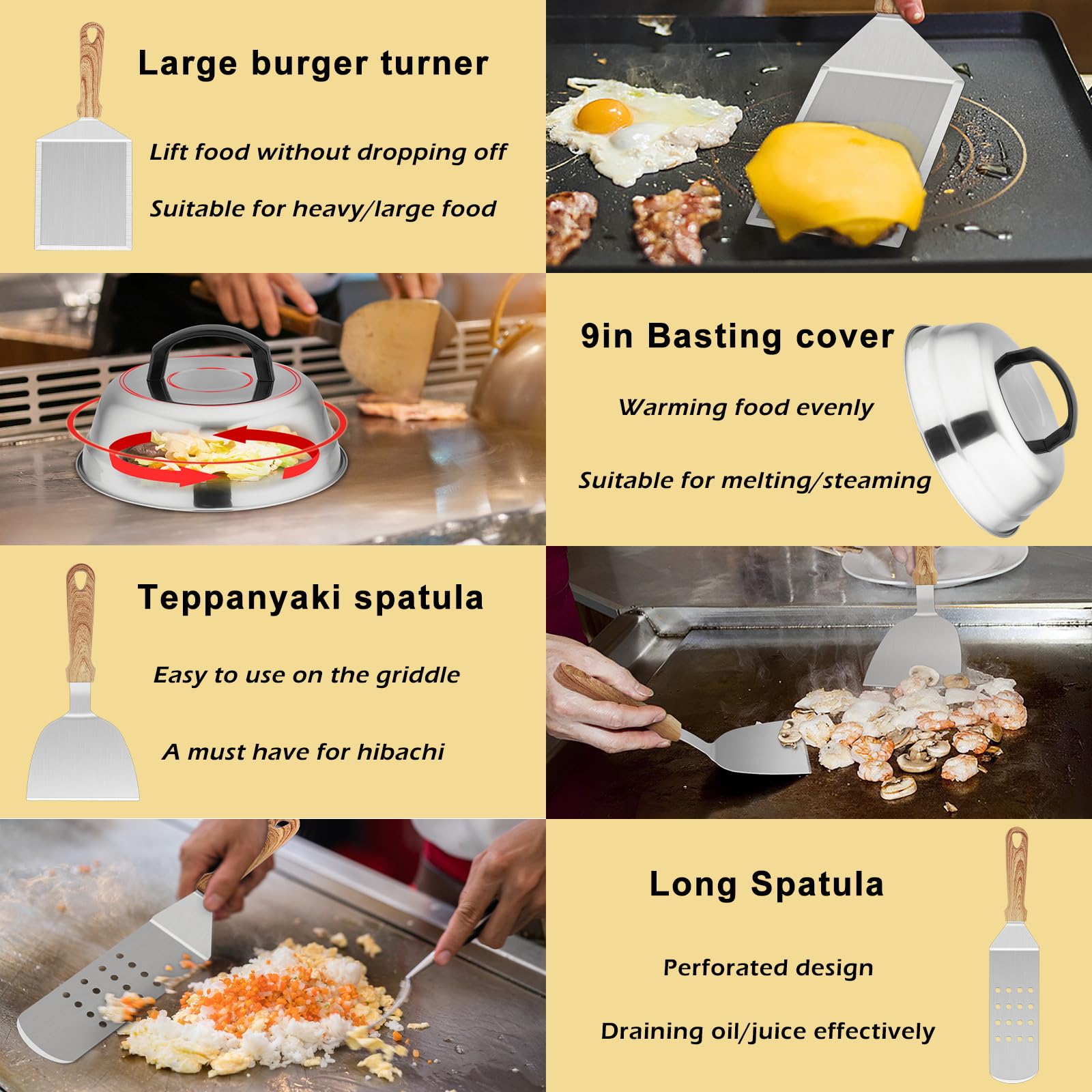 Griddle Accessories Kit of 18, HaSteeL Stainless Steel Teppanyaki Tools for Flat Top Outdoor Picnic Grilling Camping Cooking, Melting Dome, Metal Spatula, Burger Press, Easy to clean & Screwdriver