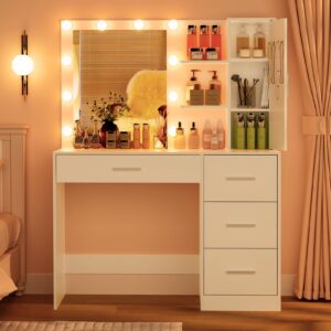 usikey Makeup Vanity with Lights, Vanity Desk with Mirror and 10 LED Lights, Vanity Table Set with 4 Drawers, Cabinet & 4 Necklace Hooks, Dressing Table for Bedroom, White