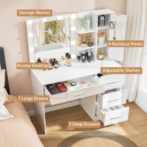 usikey Makeup Vanity with Lights, Vanity Desk with Mirror and 10 LED Lights, Vanity Table Set with 4 Drawers, Cabinet & 4 Necklace Hooks, Dressing Table for Bedroom, White