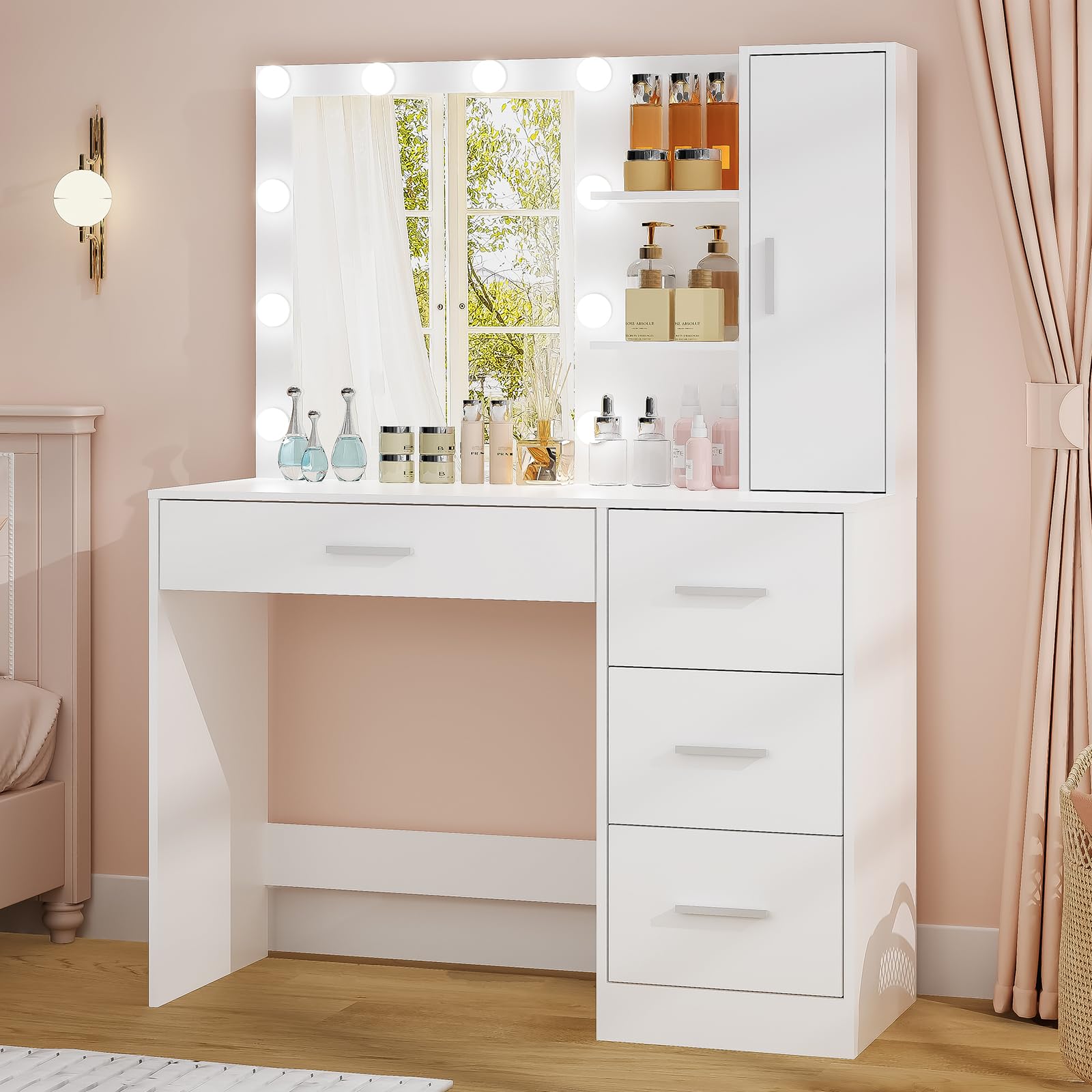 usikey Makeup Vanity with Lights, Vanity Desk with Mirror and 10 LED Lights, Vanity Table Set with 4 Drawers, Cabinet & 4 Necklace Hooks, Dressing Table for Bedroom, White