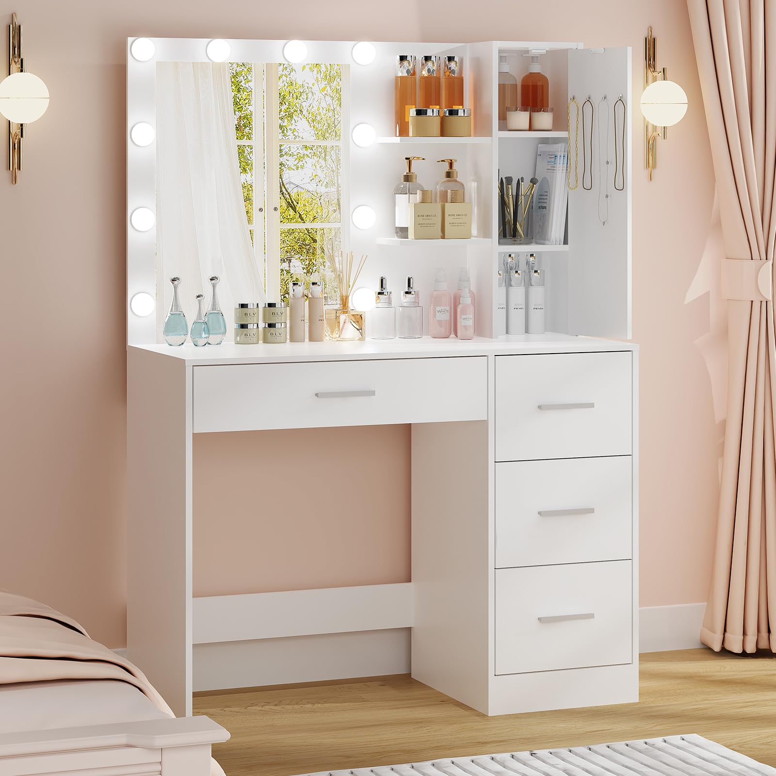 usikey Makeup Vanity with Lights, Vanity Desk with Mirror and 10 LED Lights, Vanity Table Set with 4 Drawers, Cabinet & 4 Necklace Hooks, Dressing Table for Bedroom, White