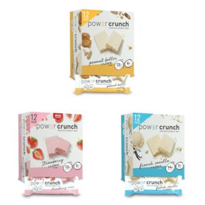 power crunch protein wafer bars, peanut butter crème, 1.4 ounce & protein wafer bars, strawberry crème, 1.4 ounce & protein wafer bars, french vanilla creme, 1.4 ounce