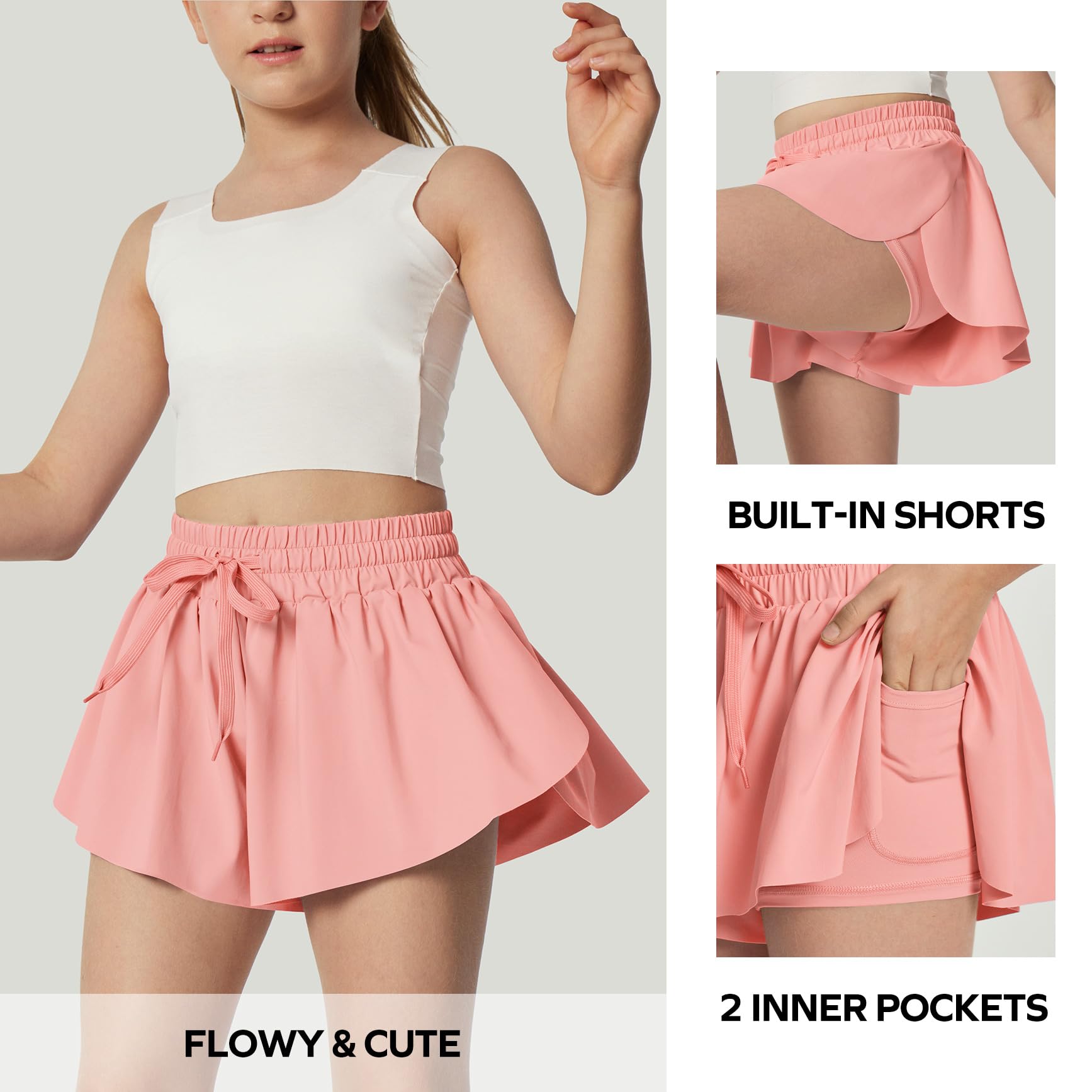 Ewedoos 2 in 1 Flowy Shorts Girls Butterfly Athletic Shorts Size 10-12 Cute Preppy Trendy Shorts Skirt for Teen Girls Pink