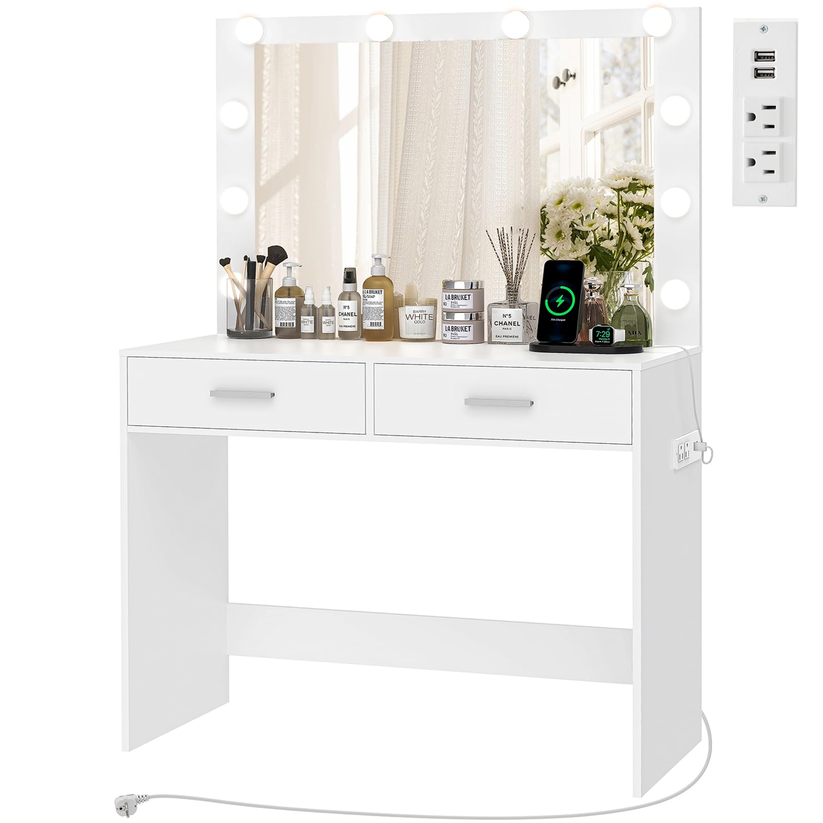 usikey Vanity Desk with Large Lighted Mirror, Makeup Vanity with 10 Lights, 2 Drawers & Power Strip, Vanity Desk Set, Dressing Vanity Tables for Women Girls, Bedroom, White