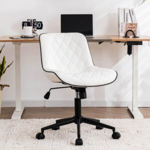 younuoke comfortable desk chair, home office chairs with wheels, armless samll comfy vanity chairs, pu leather computer task work desk chairs, white