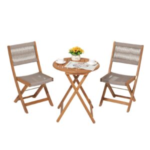 oc orange-casual 3 piece acacia patio bistro set, outdoor compact wood table and chairs set of 2 for apartment balcony front porch deck yard, beige