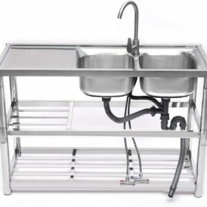 Double Bowl Kitchen Sink Set, Free Standing Double Bowl Kitchen Sinks Utility Restaurant Kitchen Sink for Restaurant, Kitchen, Garage