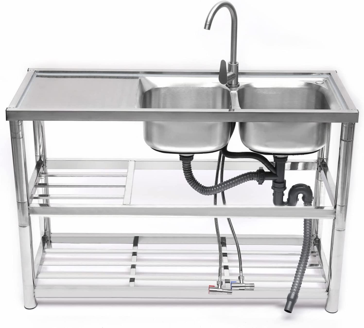 Double Bowl Kitchen Sink Set, Free Standing Double Bowl Kitchen Sinks Utility Restaurant Kitchen Sink for Restaurant, Kitchen, Garage