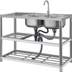 Double Bowl Kitchen Sink Set, Free Standing Double Bowl Kitchen Sinks Utility Restaurant Kitchen Sink for Restaurant, Kitchen, Garage