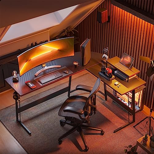 CubiCubi L Shaped Gaming Desk Computer Office Desk with Carbon Fiber Surface, 47 inch Corner Desk with Large Monitor Stand for Home Office Study Writing Workstation, Black