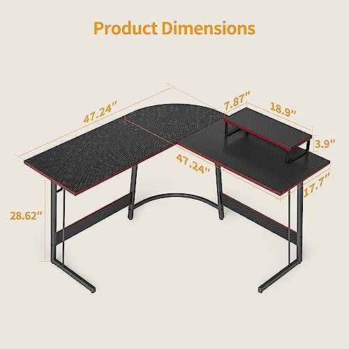 CubiCubi L Shaped Gaming Desk Computer Office Desk with Carbon Fiber Surface, 47 inch Corner Desk with Large Monitor Stand for Home Office Study Writing Workstation, Black