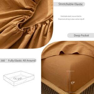 MooMee Bedding Sheet Set 100% Washed Cotton Linen Like Textured Breathable Durable Soft Comfy (Dark Orange, Queen)