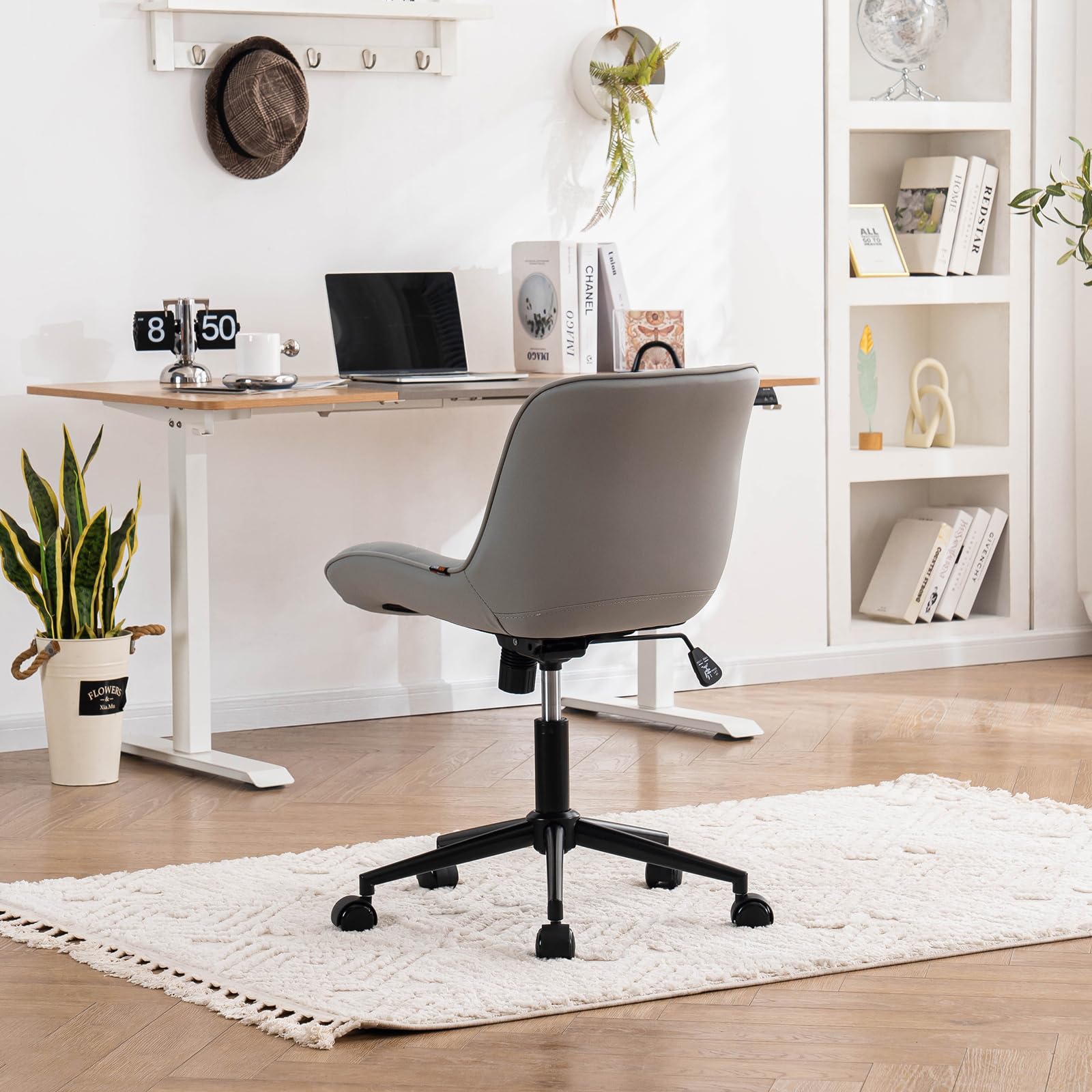 YOUNUOKE Comfortable Desk Chair, Home Office Chairs with Wheels, Armless Samll Comfy Vanity Chairs, PU Leather Computer Task Work Desk Chairs, Gery