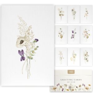 kibaga beautiful greetings cards set of 20 with envelopes & stickers - tasteful assorted get well blank note cards 4x6 in flower artwork design - perfect stationary set for all occasions