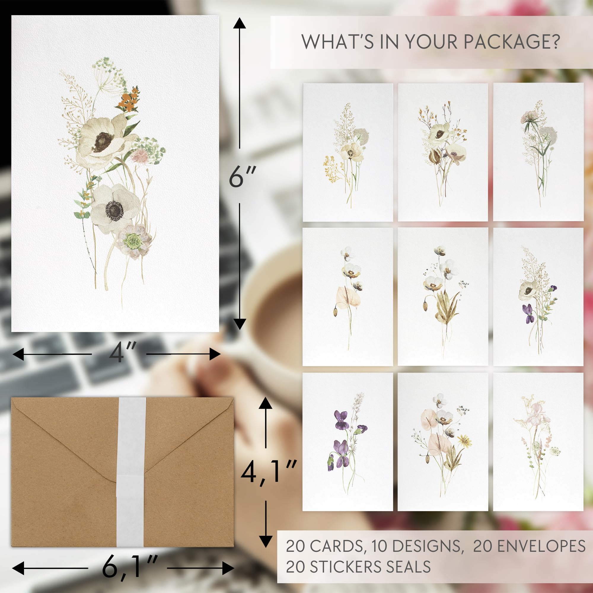 KIBAGA Beautiful Greetings Cards Set of 20 with Envelopes & Stickers - Tasteful Assorted Get Well Blank Note Cards 4x6 in Flower Artwork Design - Perfect Stationary Set For All Occasions