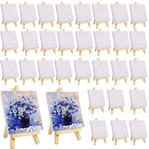 uhbyjm 32 pack mini canvas and easel,4 x 4 inch stretched mini canvases small painting canvas with mini easel,art canvases small canvases for kids painting party craft acrylic pouring oil water color