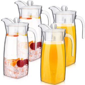 didaey 4 pack acrylic water pitcher with lid and spout handle clear plastic pitcher heat resistant plastic carafe unbreakable beverage container fridge jug for juice iced tea sangria lemonade (44 oz)