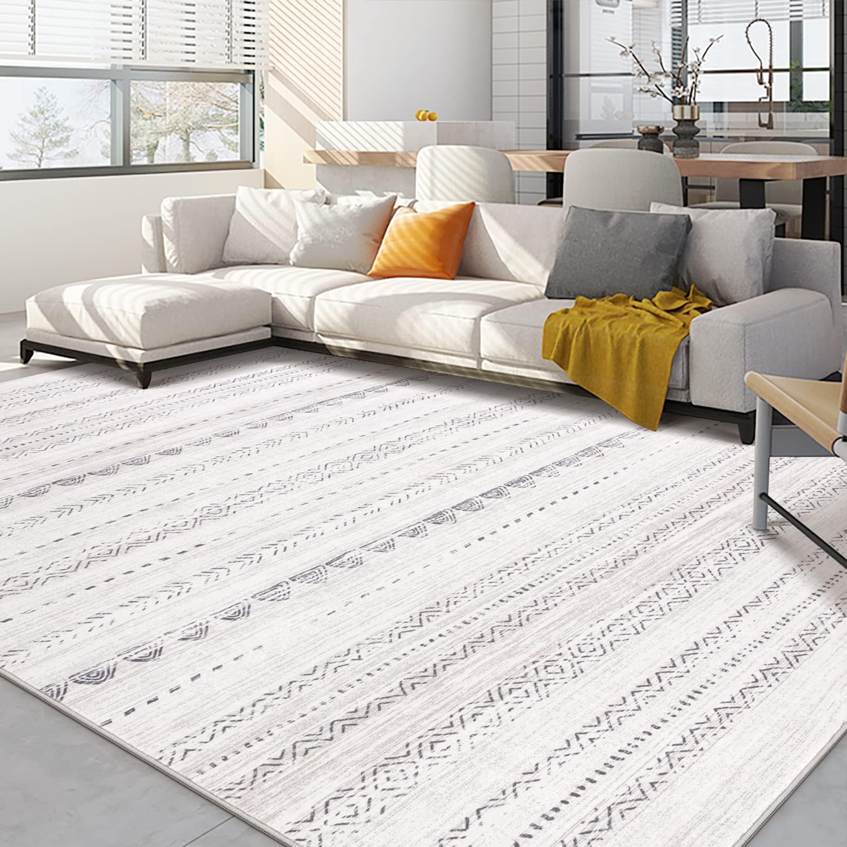 8x10 Area Rug Living Room Rugs: Large Soft Machine Washable Boho Moroccan Farmhouse Neutral Stain Resistant Indoor Floor Rug Carpet for Bedroom Under Dining Table Home Office House Decor - Grey