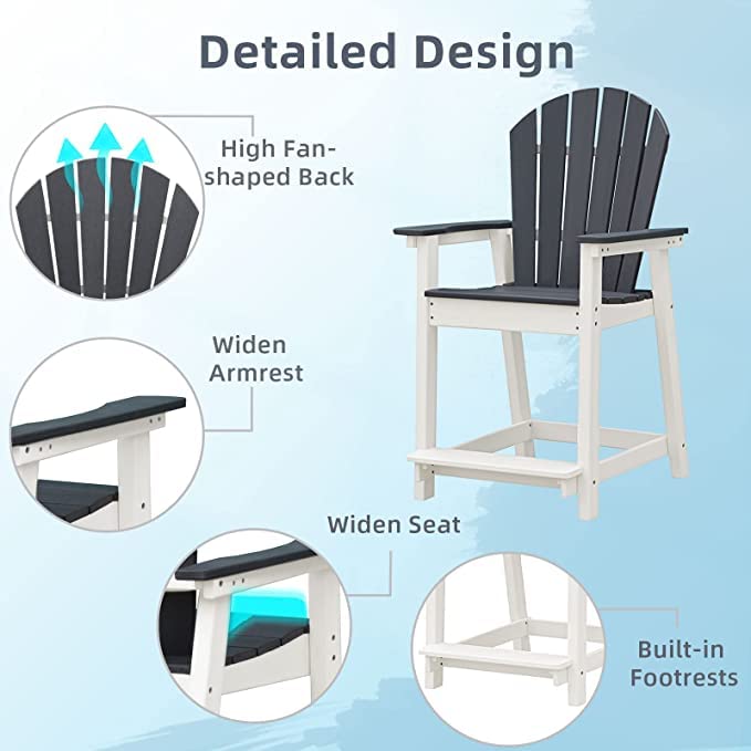 OTSUN Outdoor Tall Adirondack Chairs, Patio Bar Stool Chair with High Back, 400lbs, Widened Arms, All-Weather Balcony Chair for Backyard, Garden, Yard - Dark Grey