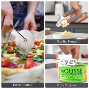 Kitchen Gadget Utensil Set, 9PCS Stainless Steel Cooking & Baking Accessory with Non-Slip Silicone Handle, Set Includes Knife, Peeler, Grater, Whisk, Garlic Press, Pizza Cutter and Bottle Can Opener