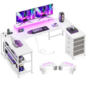 odk u shaped desk with power outlets & led strip & monitor stand, 66" reversible l shaped desk with drawers and storage shelf, home office gaming desk, all white