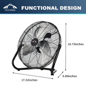 Tech Drive High Velocity Floor Fan,14 inch Heavy Duty Metal Industrial Fans,3 Powerful Speed,360° Adjustable Tilting and All Metal Construction,Black