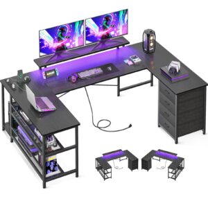 odk u shaped desk with power outlets & led strip & monitor stand, 66" reversible l shaped desk with drawers and storage shelf, home office gaming desk, black