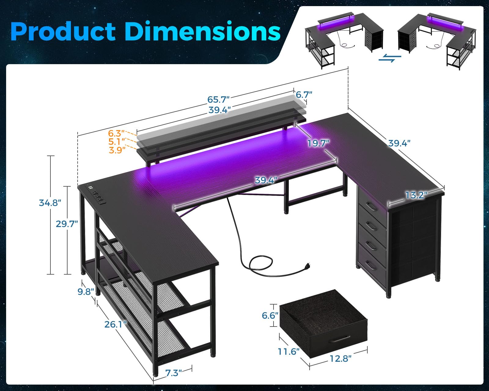 ODK U Shaped Desk with Power Outlets & LED Strip & Monitor Stand, 66" Reversible L Shaped Desk with Drawers and Storage Shelf, Home Office Gaming Desk, Black