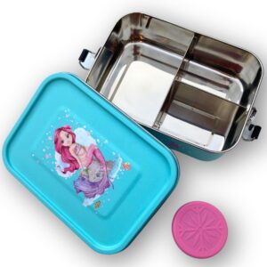 integral petal stainless steel lunch box for kids with matching dip container, bento box for kids, 3-compartment metal lunch container, school lunch box, snack container for kids, dishwasher safe