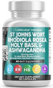 clean nutraceuticals st johns wort 10000mg rhodiola rosea 20000mg holy basil 3000mg ashwagandha 6000mg - mood support for women and men with vitamin c & black pepper extract - 90 caps