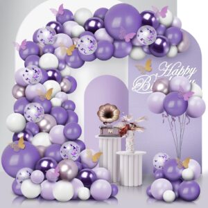 purple balloon garland kit, 147pcs baby shower decorations for girls - includes metallic confetti purple white balloons arch and 12 butterfly stickers for birthday wedding decoration