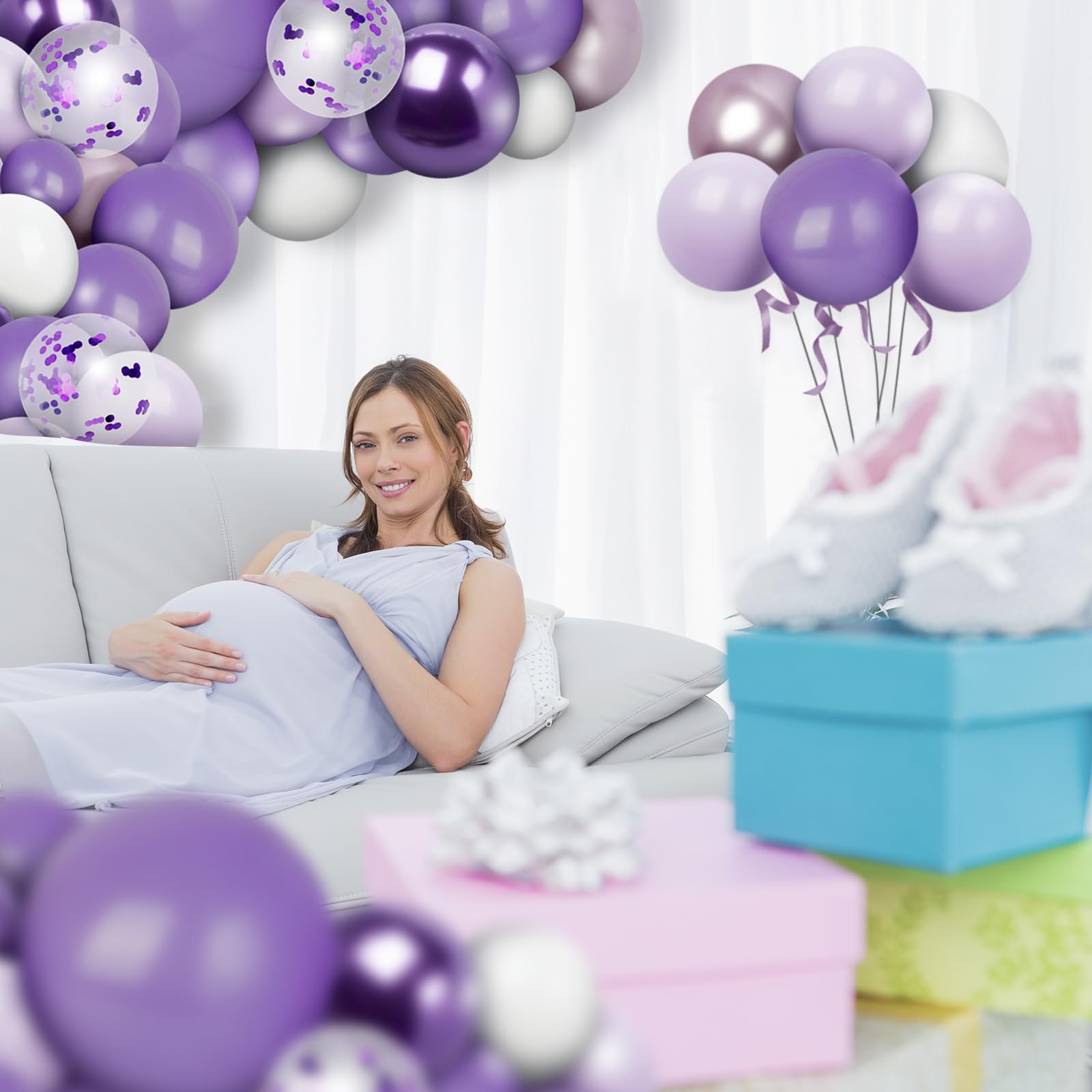 Purple Balloon Garland Kit, 147Pcs Baby Shower Decorations for Girls - Includes Metallic Confetti Purple White Balloons Arch and 12 Butterfly Stickers for Birthday Wedding Decoration