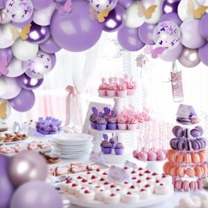 Purple Balloon Garland Kit, 147Pcs Baby Shower Decorations for Girls - Includes Metallic Confetti Purple White Balloons Arch and 12 Butterfly Stickers for Birthday Wedding Decoration