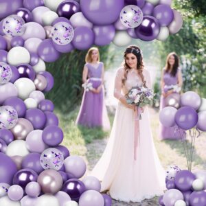 Purple Balloon Garland Kit, 147Pcs Baby Shower Decorations for Girls - Includes Metallic Confetti Purple White Balloons Arch and 12 Butterfly Stickers for Birthday Wedding Decoration