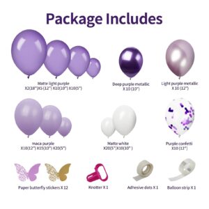 Purple Balloon Garland Kit, 147Pcs Baby Shower Decorations for Girls - Includes Metallic Confetti Purple White Balloons Arch and 12 Butterfly Stickers for Birthday Wedding Decoration