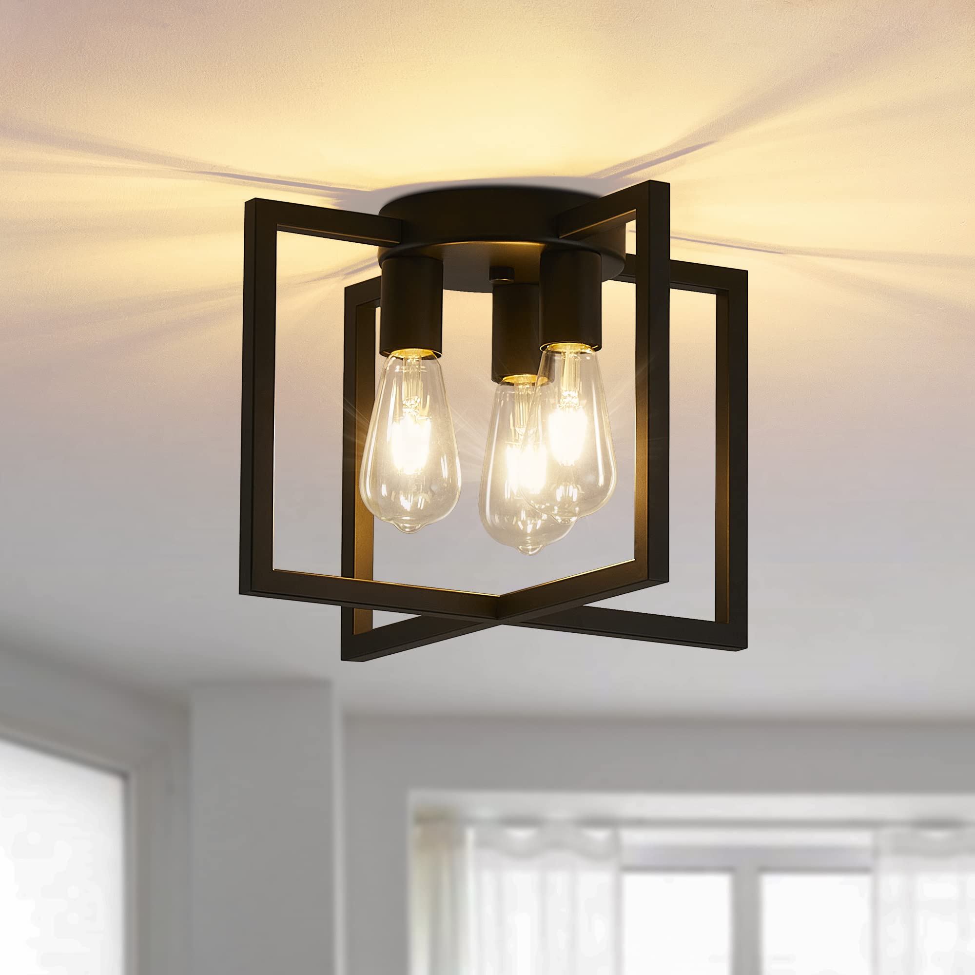 Bosomfr 3-Light Ceiling Light Fixture, Black Semi-Flush Mount Chandelier with Geometric Metal Shade, Farmhouse Industrial Lighting for Kitchen Living Room Bedroom Hallway Foyer, E26 Base