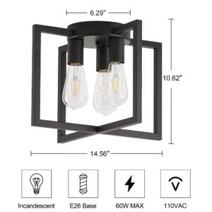 Bosomfr 3-Light Ceiling Light Fixture, Black Semi-Flush Mount Chandelier with Geometric Metal Shade, Farmhouse Industrial Lighting for Kitchen Living Room Bedroom Hallway Foyer, E26 Base