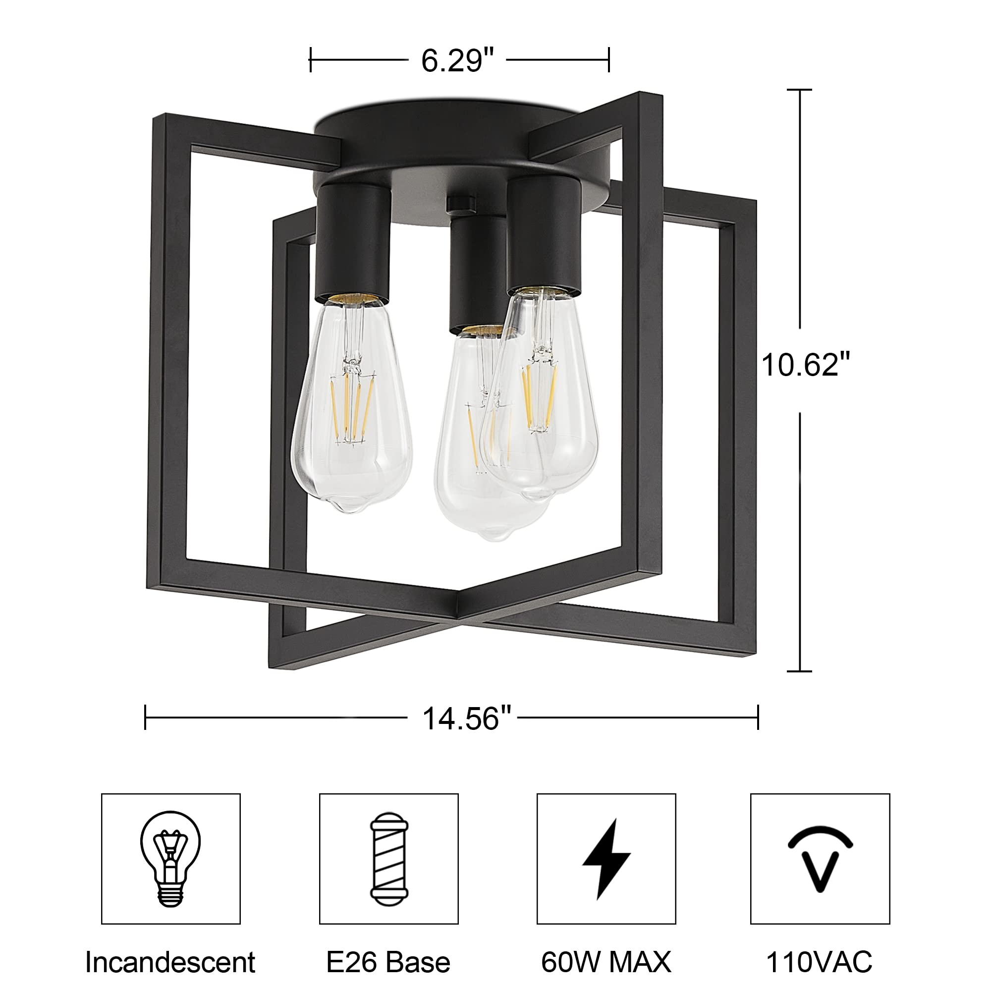 Bosomfr 3-Light Ceiling Light Fixture, Black Semi-Flush Mount Chandelier with Geometric Metal Shade, Farmhouse Industrial Lighting for Kitchen Living Room Bedroom Hallway Foyer, E26 Base