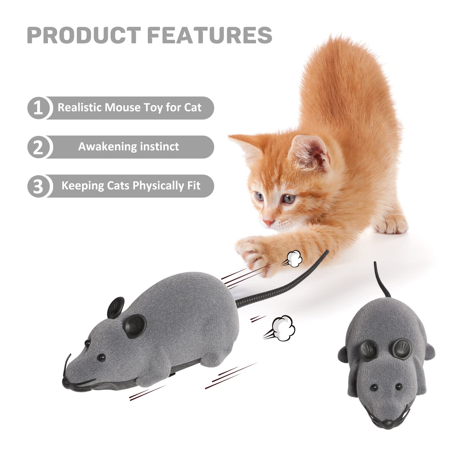 Auto Moving Mouse Cat Toy, Interactive Cat Toys Wireless Electronic Fake Mouse Rat Pet Toy Running Wheel Plush Rat Chasing Prank Toy for Cats Dogs Kids Novelty Gift By Greatstar (Grey, No Controller)