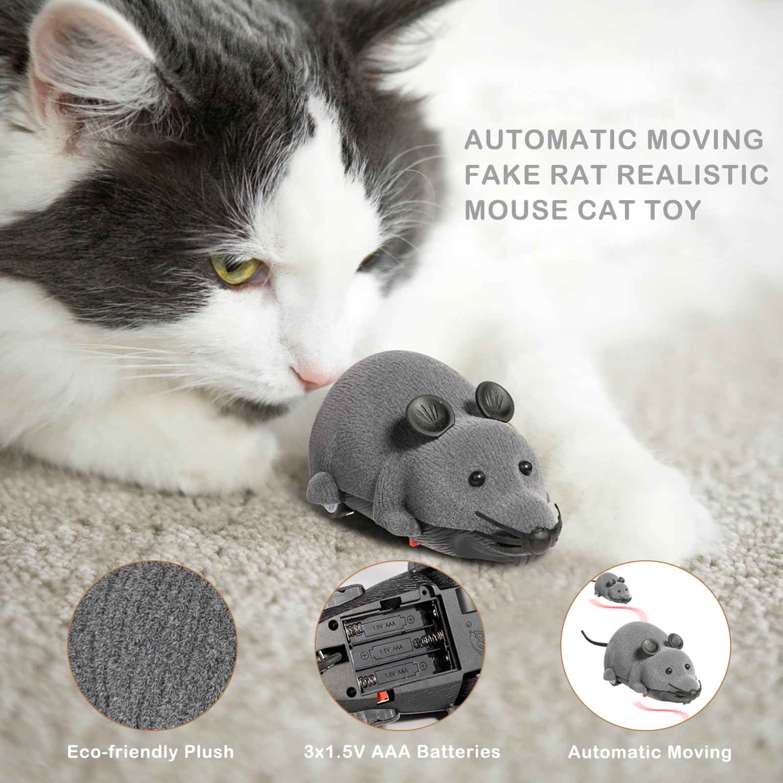 Auto Moving Mouse Cat Toy, Interactive Cat Toys Wireless Electronic Fake Mouse Rat Pet Toy Running Wheel Plush Rat Chasing Prank Toy for Cats Dogs Kids Novelty Gift By Greatstar (Grey, No Controller)