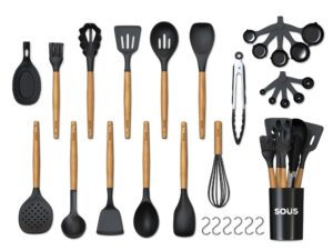 sous kitchen silicone kitchen utensils set & silicone cooking utensils - kitchen silicon utensil set wooden handles - cooking utensil set & baking essentials - 30 pcs silicone spoons for cooking