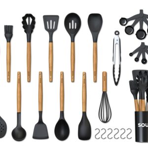 Sous Kitchen Silicone Kitchen Utensils Set & Silicone Cooking Utensils - Kitchen Silicon Utensil Set Wooden Handles - Cooking Utensil Set & Baking Essentials - 30 pcs Silicone Spoons for Cooking