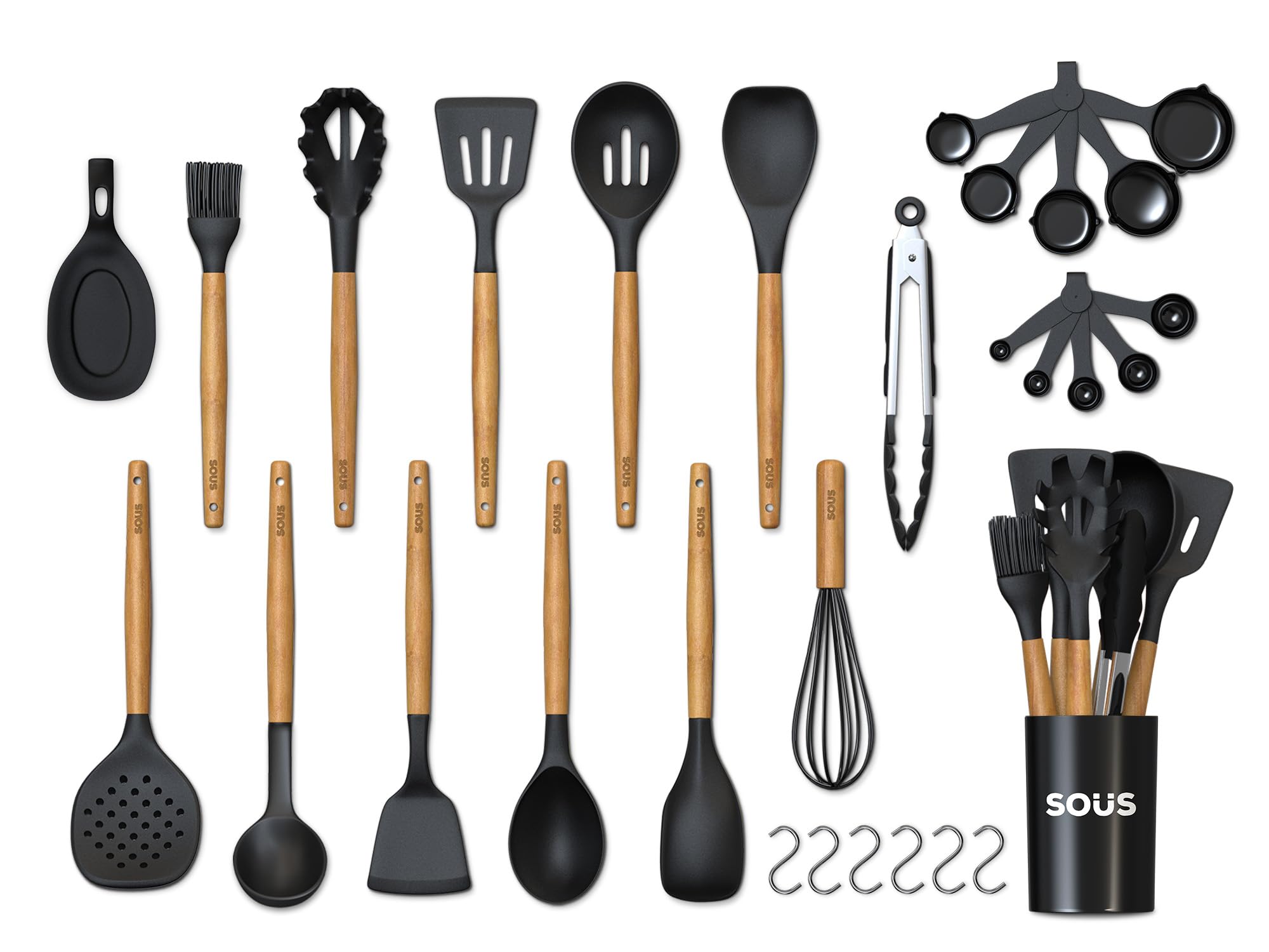 Sous Kitchen Silicone Kitchen Utensils Set & Silicone Cooking Utensils - Kitchen Silicon Utensil Set Wooden Handles - Cooking Utensil Set & Baking Essentials - 30 pcs Silicone Spoons for Cooking