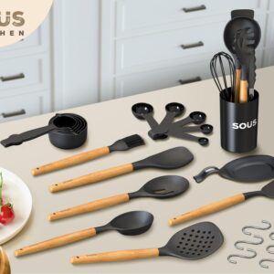 Sous Kitchen Silicone Kitchen Utensils Set & Silicone Cooking Utensils - Kitchen Silicon Utensil Set Wooden Handles - Cooking Utensil Set & Baking Essentials - 30 pcs Silicone Spoons for Cooking