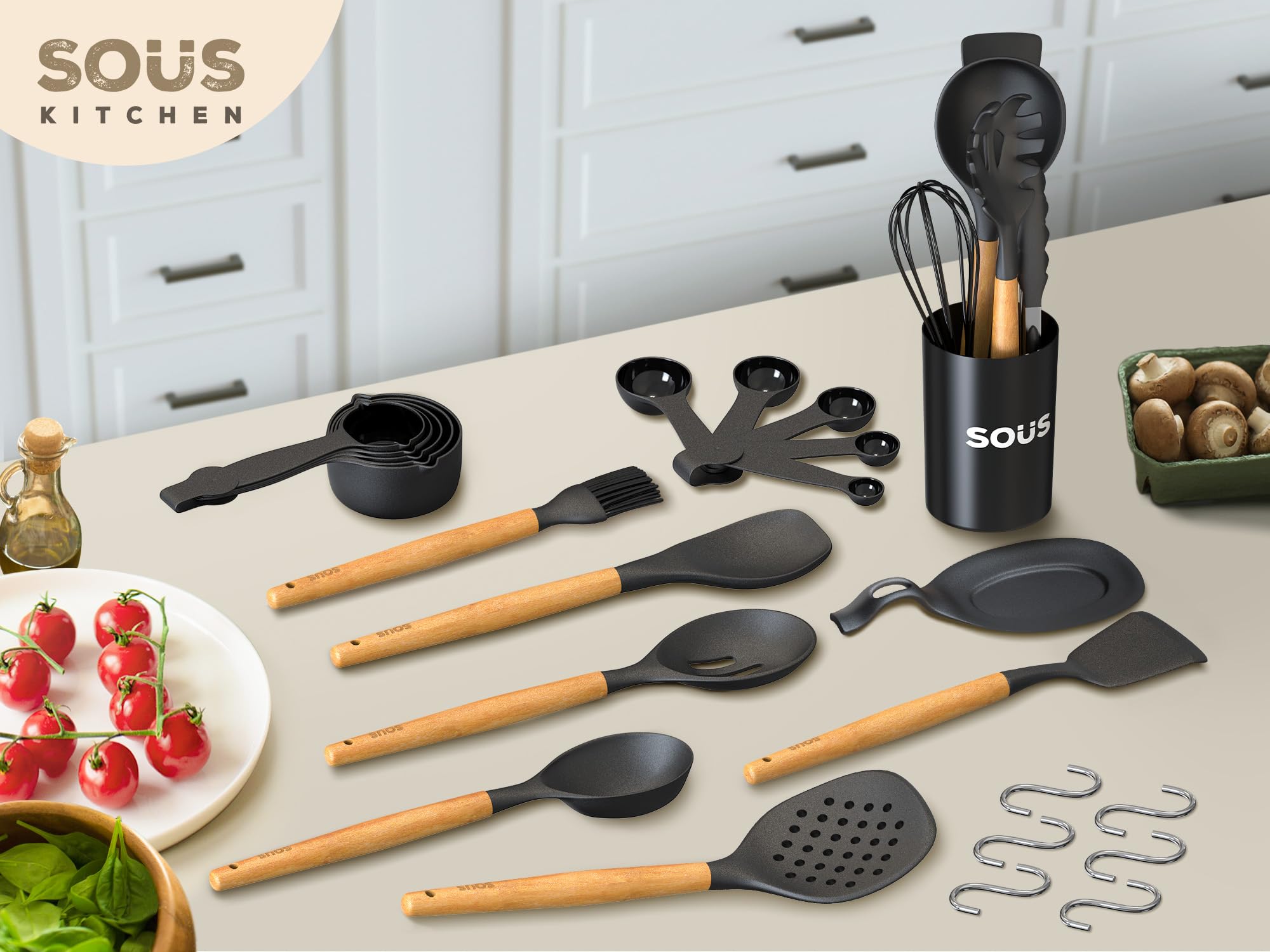 Sous Kitchen Silicone Kitchen Utensils Set & Silicone Cooking Utensils - Kitchen Silicon Utensil Set Wooden Handles - Cooking Utensil Set & Baking Essentials - 30 pcs Silicone Spoons for Cooking