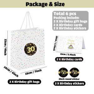 Sumerk 30th Birthday Gift Bag Cheers to 30 Paper Gift Bags with Birthday Cards and 30th Birthday Stickers - 2 Pcs 30th Gift Bags, 2 Pcs Birthday Cards, 2 Pcs 30 Birthday Stickers