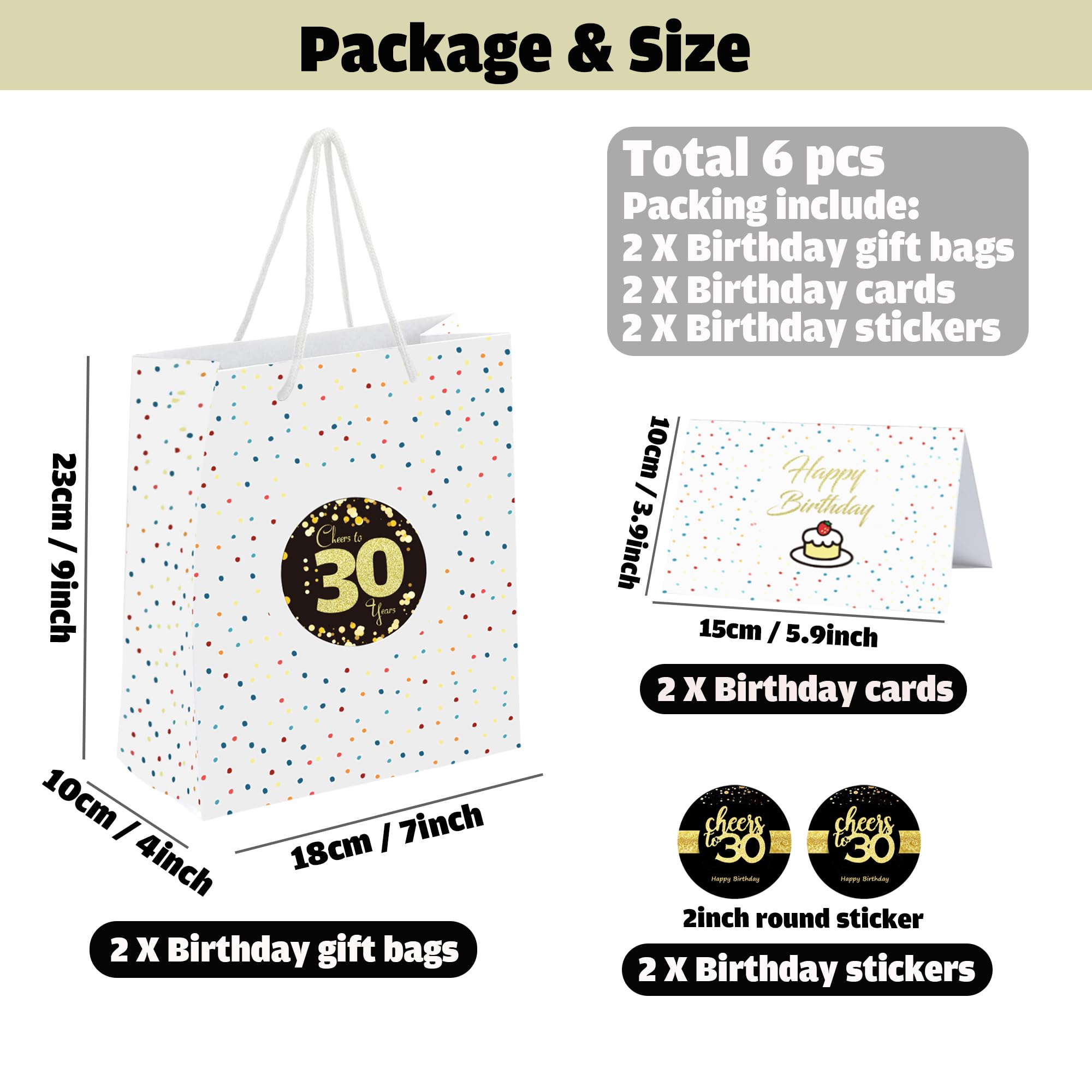 Sumerk 30th Birthday Gift Bag Cheers to 30 Paper Gift Bags with Birthday Cards and 30th Birthday Stickers - 2 Pcs 30th Gift Bags, 2 Pcs Birthday Cards, 2 Pcs 30 Birthday Stickers