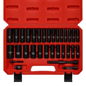 casoman 3/8-inch deep impact socket set, metric & sae, 31piece socket set, cr-v, includes extension bar (3, 6-inch) & adapters, heavy duty storage case