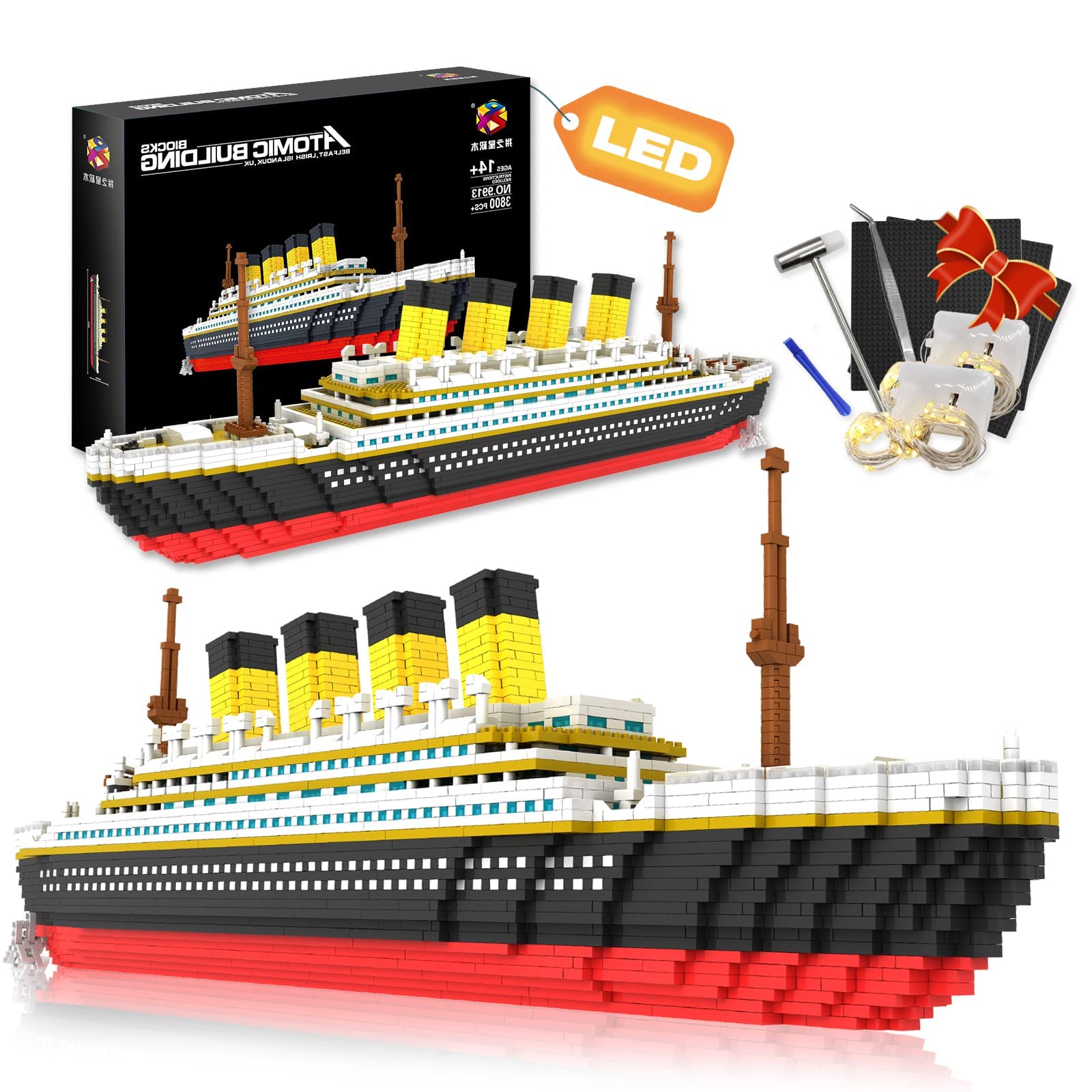 Sumkurt Titanic Building Blocks Set with LED, 3800pcs Titanic Toy Micro Building Kit, Titanic Gift Ship Model Building Bricks, DIY Educational Christmas Toys Gift